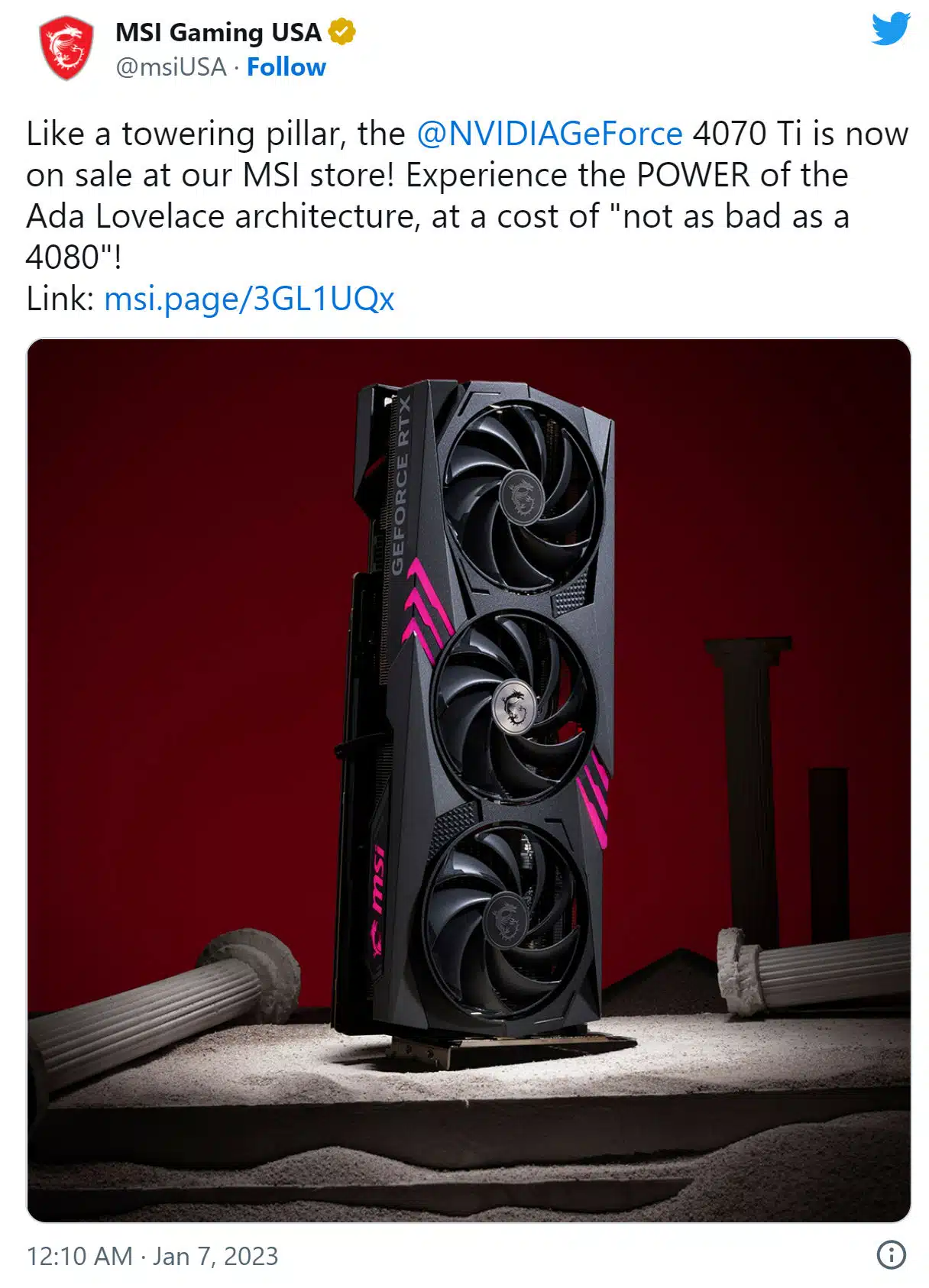 MSI: NVIDIA GeForce RTX 4070 Ti Pricing "Not as Bad" as GeForce RTX 4080