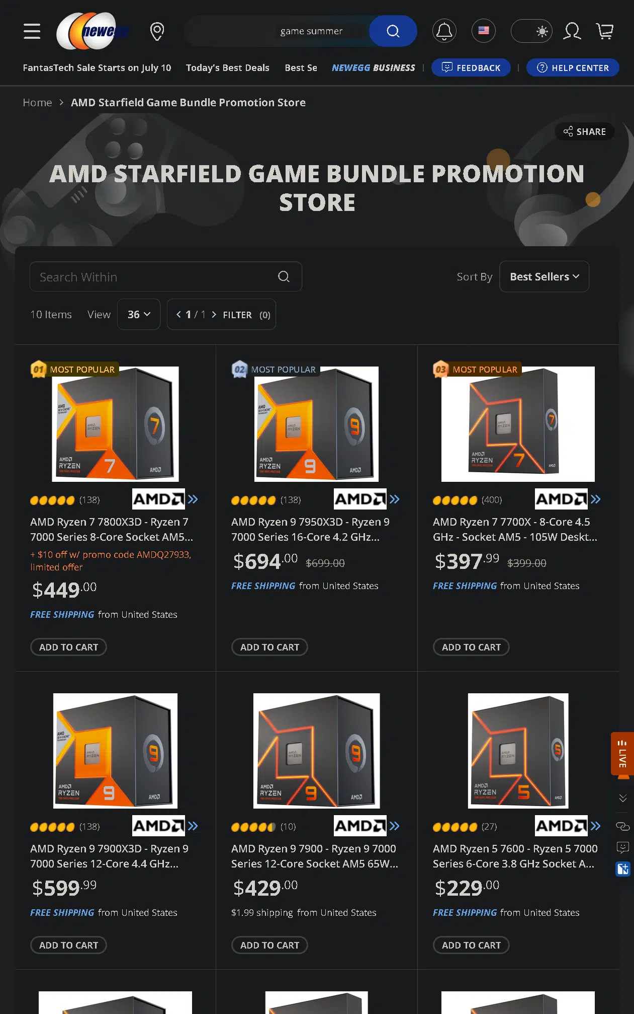 Newegg Leaks AMD Starfield Game Bundles with Ryzen 7000 Series Processors